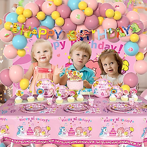 Girls Dinosaur Party Supplies for Pink Dinosaur Birthday Party Balloons Garland Arch Kit with Tablewear & Backdrop 59*40 Inch, 360 PCS Dinosaur Birthday Decorations