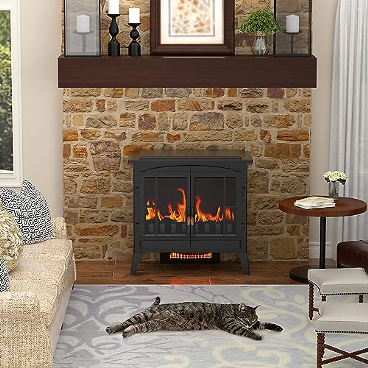 Electric Fireplace Stove, 23" Realistic Flame Effect Fireplace Heater, Indoor Freestanding Infrared Electric Stove Heater,Overheating Safety System,Thermostat, Portable 1000W/1500W