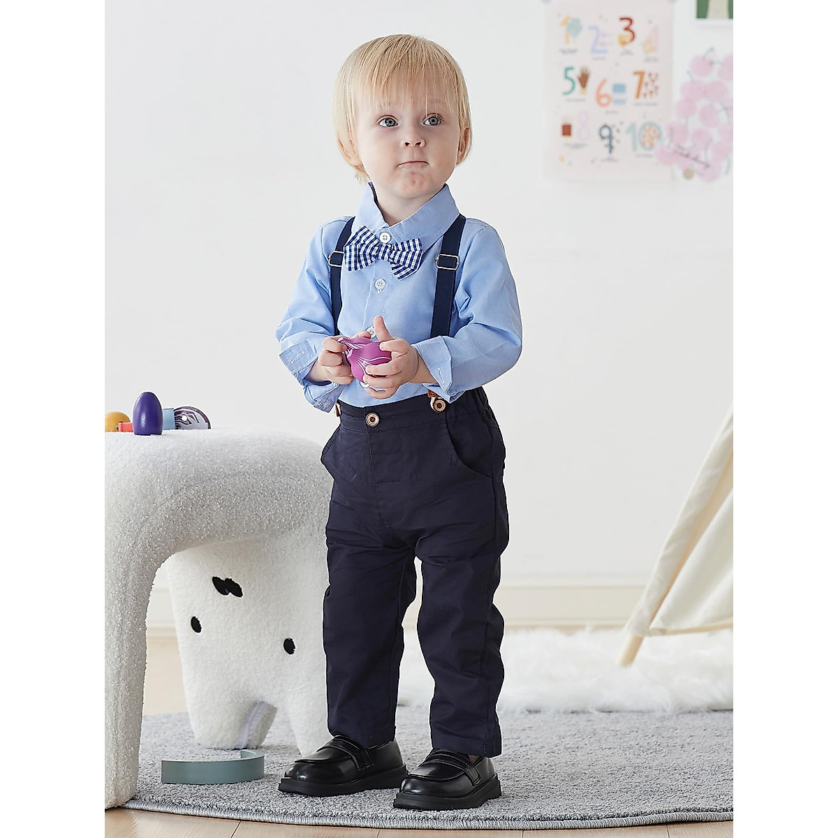 SALNIER Toddler Dress Suit Baby Boys Clothes Sets Bowtie Shirts + Suspenders Pants 3pcs Gentleman Outfits Suits 6 Month - 6 Years (Blue005 3T)