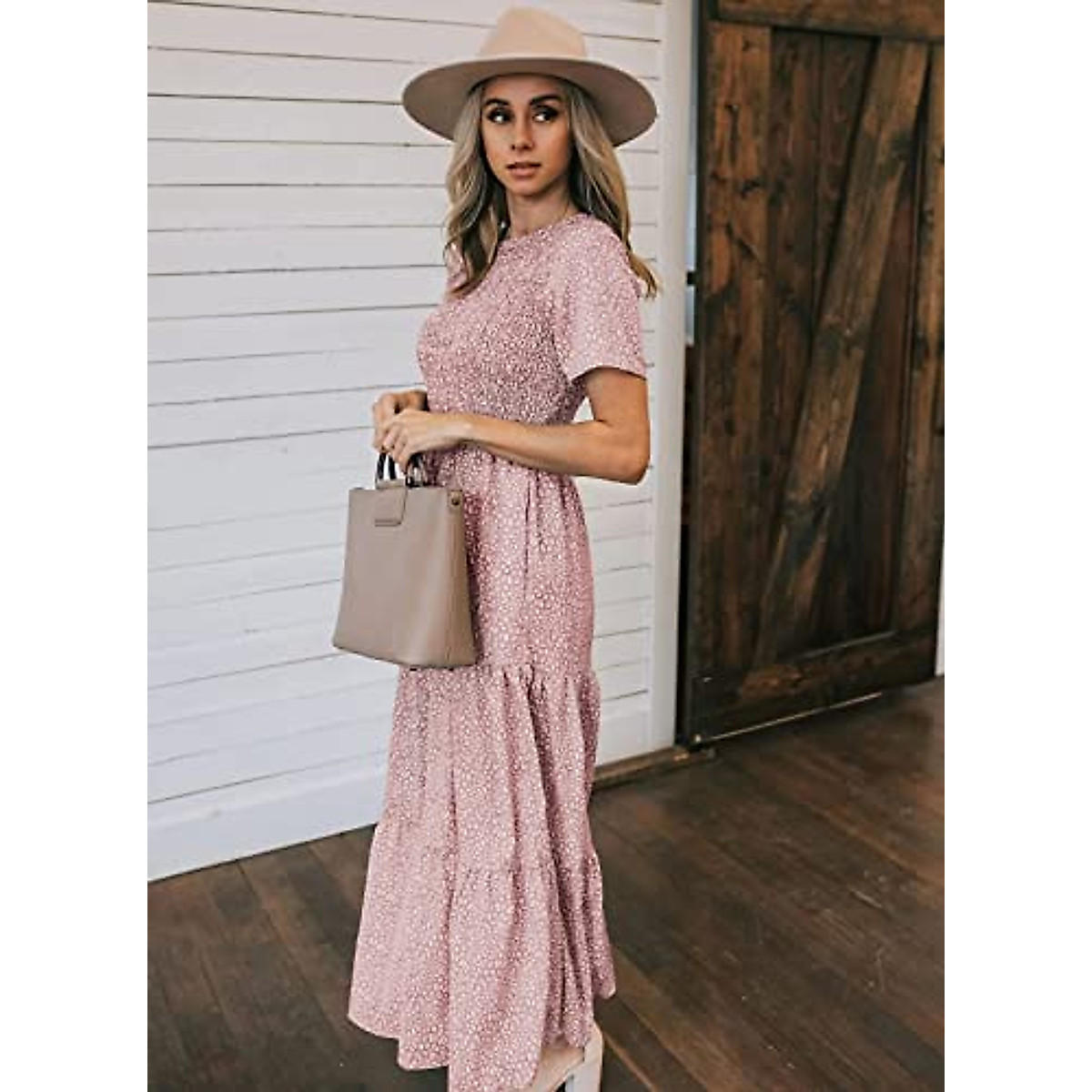 Zattcas Womens 2023 Spring Summer Smocked Tiered Boho Floral Long Maxi Dresses Casual Short Sleeve Modest Flowy Church Maternity Wedding Guest Dress Mauve S
