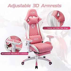 S*MAX Pink Gaming Chair with Footrest Thicken Seat Ergonomic Pink Gamer Chair with 3D Armrest PU Leather Headrest and Lumbar Support High Back Gaming Chair for Girls Pink and White