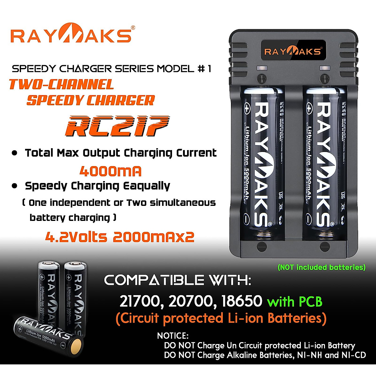 RAYNAKS Total MAX Output Current 4000mAh RC217 Quick Fast Speedy Charger 3.6V 3.7V 4.2V 21700 20700 18650 Circuit Protected Li-ion Rechargeable Batteries (not Included Batteries)