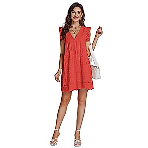LYANER Women's Elegant Eyelet V Neck Ruffle Cap Sleeve Tank Babydoll A Line Mini Dress Red Medium