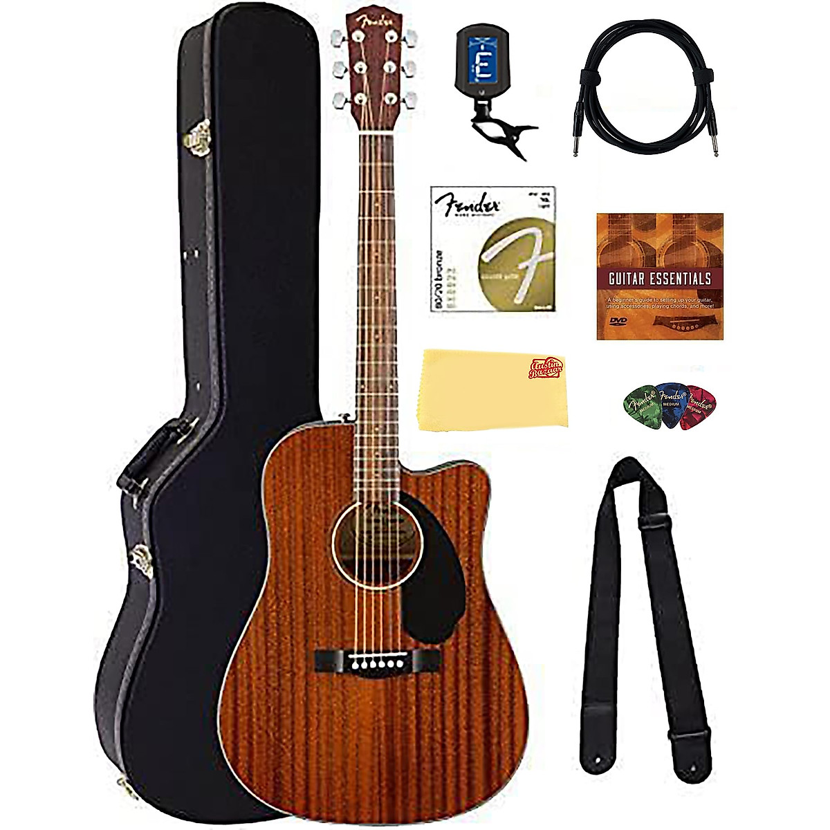 Fender CD-60SCE Solid Top Dreadnought Acoustic-Electric Guitar - All Mahogany Bundle with Hard Case, Tuner, Instrument Cable, Strap, Strings, Picks, Polishing Cloth and Austin Bazaar Instructional DVD