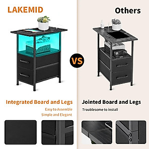 LAKEMID Narrow Side Table Set 2 with LED Light and USB C Port, Night Stand with Charging Station, Skinny End Table with 2 Fabric Drawers, for Bedroom, Living Room, Black