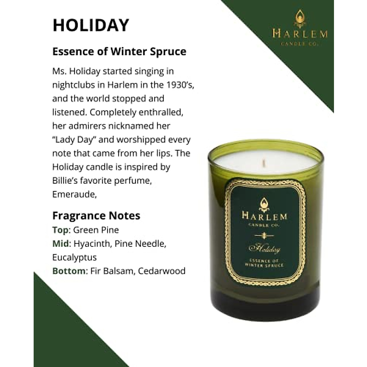 Harlem Candle Company Holiday Luxury Candle, 12 oz Green Glass Jar, Double Wick, Soy Wax, Gift Box, Winter-Fresh Fir, Pine Needles and Mint-Infused Eucalyptus