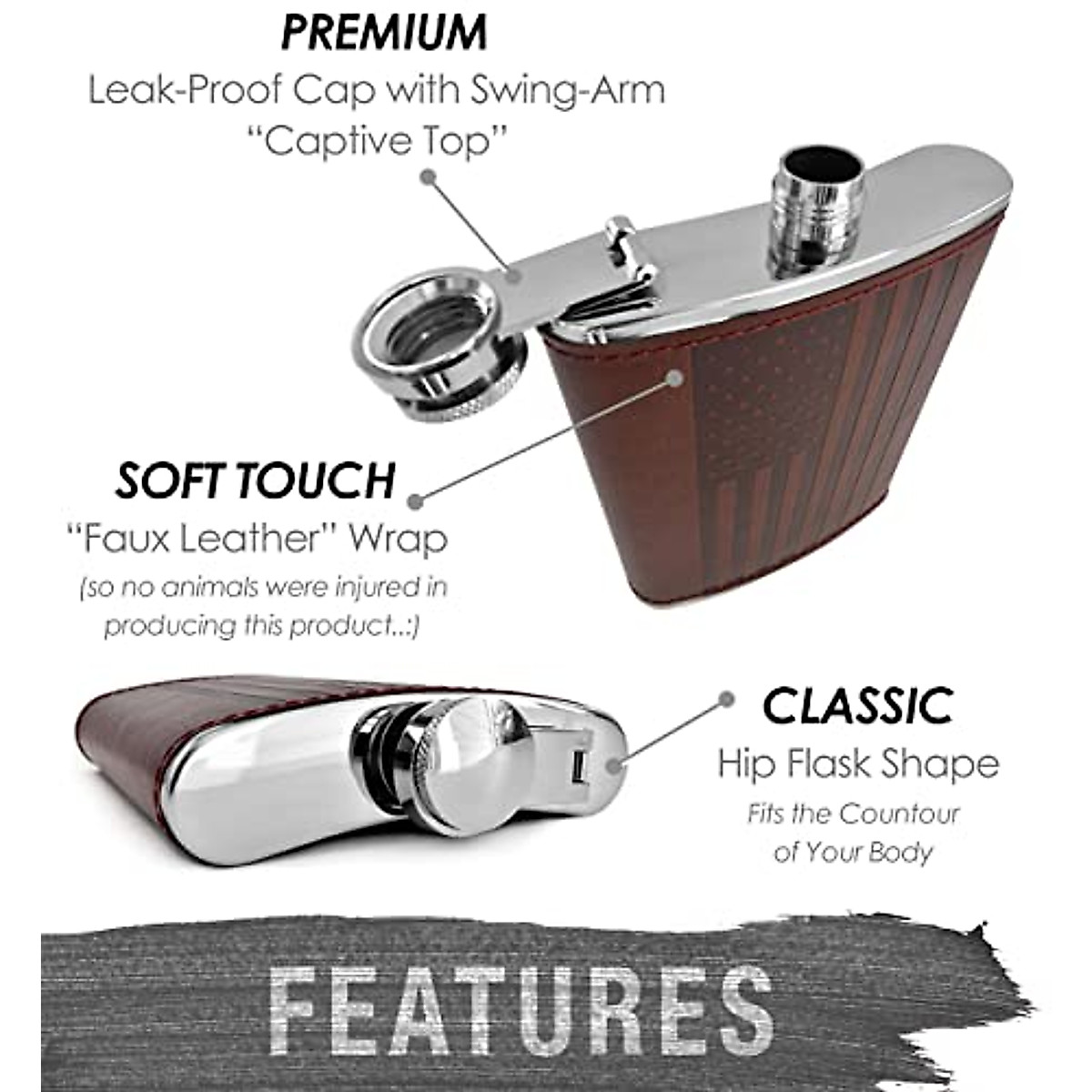 American Flag Flask - 8 oz Premium Soft Touch Leather Wrap | 304 Highest Food Grade Stainless Steel | Leak Proof Slim Hip Flasks | Classic American Flag Design | Bonus Funnel