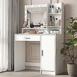 Palimder Vanity Dresser with Mirror & Light, Large Drawer & Three Level Storage Dresser, 3 Lighting Modes Adjustable Brightness, Bedroom Dressing Table (White)