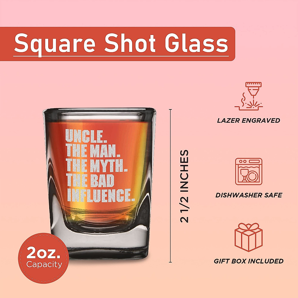 shop4ever Uncle The Man The Myth The Bad Influence Engraved Square Heavy Base Shot Glass 2 oz. Shooter with Gift Box