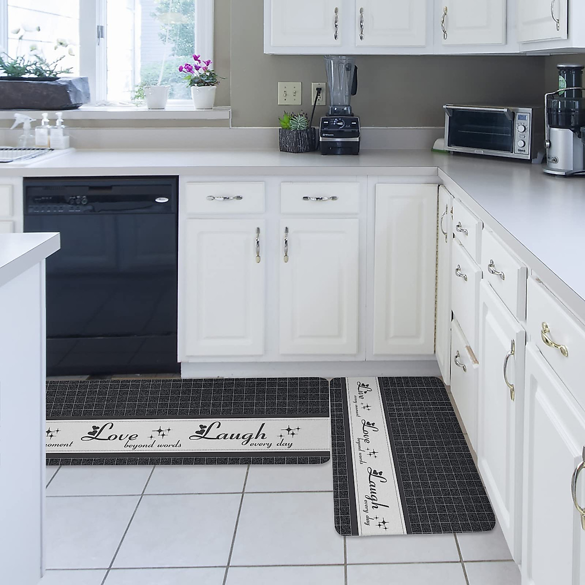 Live Love Laugh Grey Kitchen Rugs and Mats 2 Pieces Set, Gray Checkered Wall Art Modern Non Slip Floor Mat for Sink Laundry, Cushioned Anti-Fatigue Comfort Mat for Kitchen (24"x36"+20"x71")