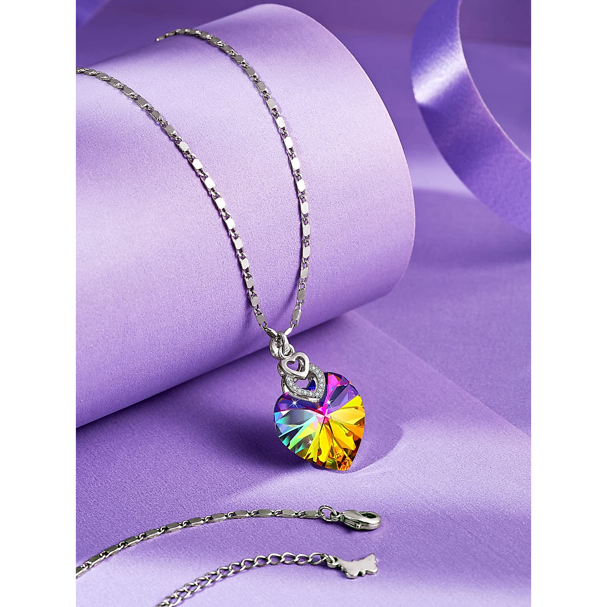 PLATO H 3 Heart Rainbow Crystal Necklace for Women Anniversary Day Gifts for her Pendant Crystal Jewelry Necklace for Girl Wedding Gifts for Mother's Day Valentine’s Day Birthday
