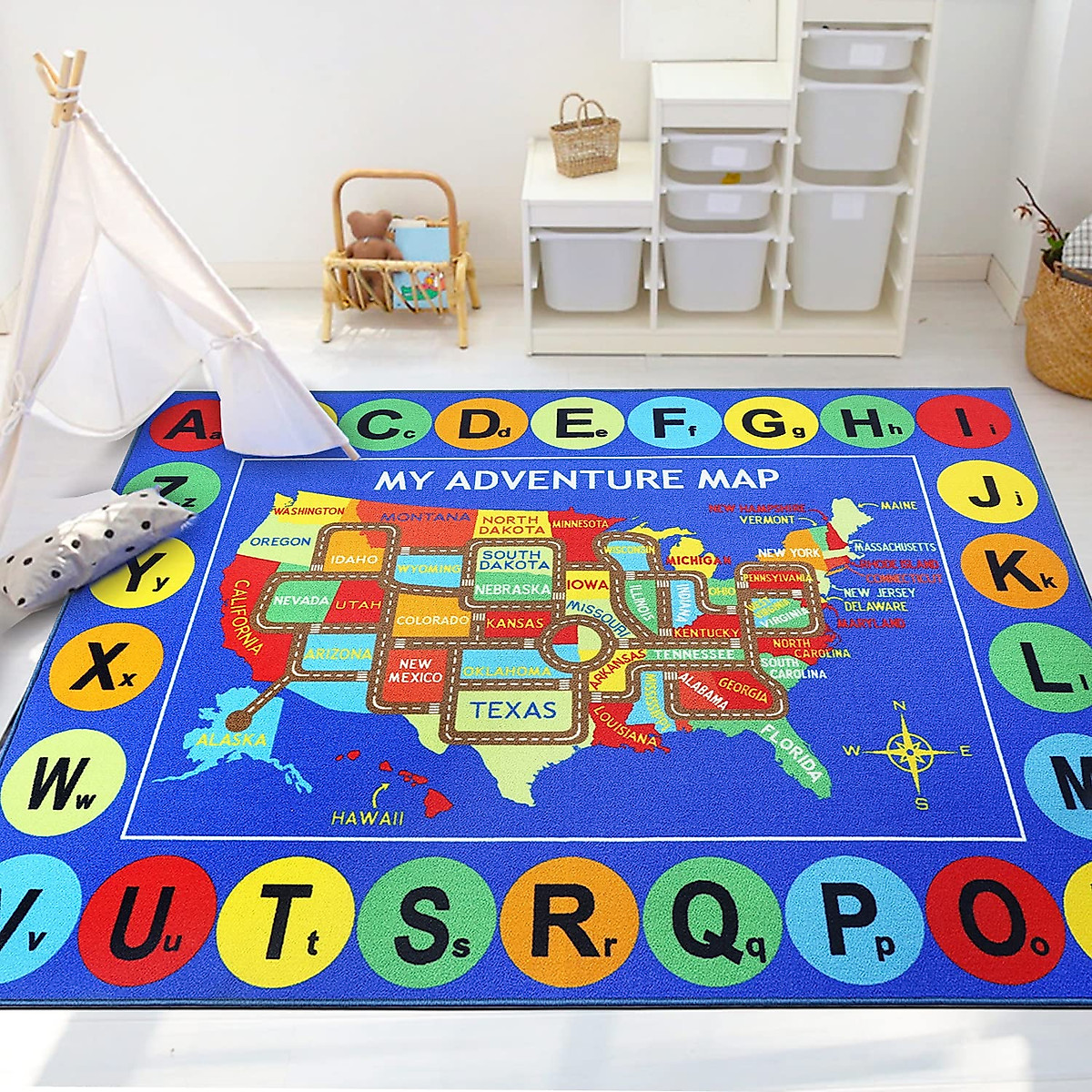 Capslpad Kids Rug USA Map Kids Play Rug 6'6"x 5' Large Size ABC Alphabet Educational Learning Classroom Area Rug Non Skid City Road Car Rug Play Mat for Children Bedroom Playroom Nursery Room