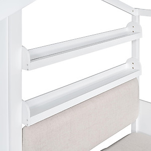 BOVZA Kids Twin Size House Bed with Sofa Bench and 2 Drawers, Wood Platform Bed Frame with Fence and Roof, Storage Shelves, for Girls Boys, White