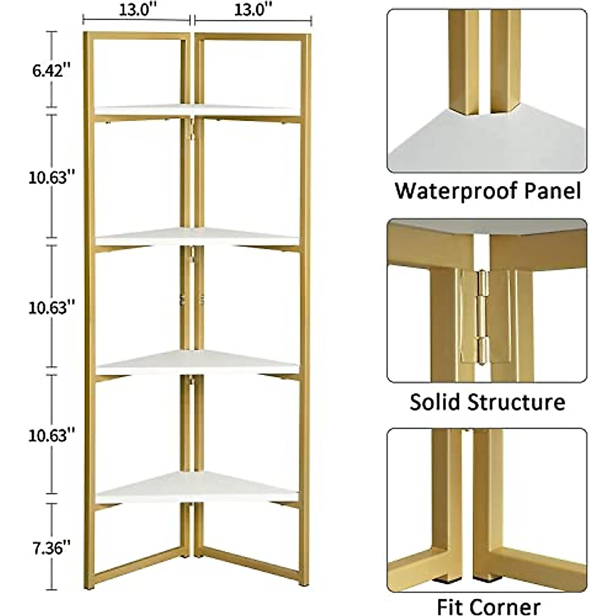VERYKE 4 Tier Corner Shelf Standing Display Rack Corner Bookshelf Storage Plant Rack with Metal Frame Multipurpose Plant Stand for Living Room, Office, Kitchen, Small Space (Gold/White)