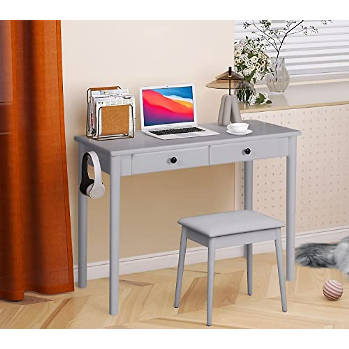 HFG 39 inch Home Writing Desk Dressing Table Vanity Table with 2 Drawers Laptop Workstation Executive Desk Easy to Install Gray