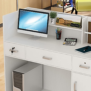 Homsee Modern Reception Desk with 3 Drawers, 1 Door Storage Cabinet & Hutch Shelf, Office Wooden Computer Desk, Writing Study Table PC Laptop Desk, White (47.3" L x 18.3" W x 43.3" H)