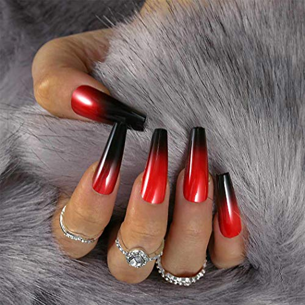 Uranian Coffin Press on Nails Long Black Fake Nails with Designs Ombre Glossy False Nails Full Cover French Tip Nails Halloween Acrylic Nails for Women and Girls (24pcs)