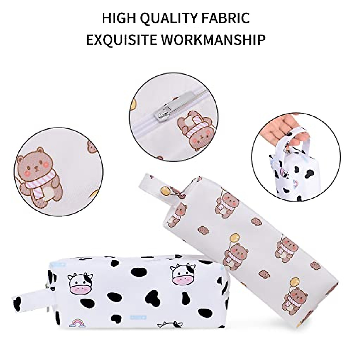 Fycyko 2Pack Kawaii Cute Pencil Case with Zipper Aesthetic Cows Bear Pattern Organizer Storage Bag Makeup Pouch Cosmetic Canvas Small Pencil Pen Case for Adults Kids Students