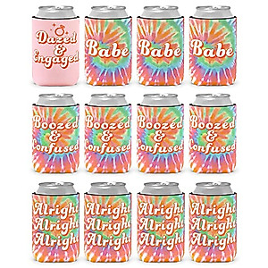 12 PCS Hippie Tie Dye Bachelorette Party Can Sleeves Dazed and Engaged Beverage Sleeves Retro Bridal Shower Party Supplies Bride Babe 60s 70s Hippie Party Decoration