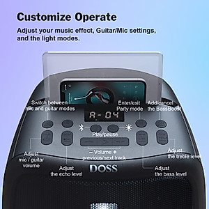 DOSS Outdoor Bluetooth Speaker with Subwoofer, 60W Powerful Sound, Rich Bass, Dual DSP, Mixed Colors Lights, PartySync, Mic and Guitar Inputs, Karaoke Machine for Backyard and Poolside Party