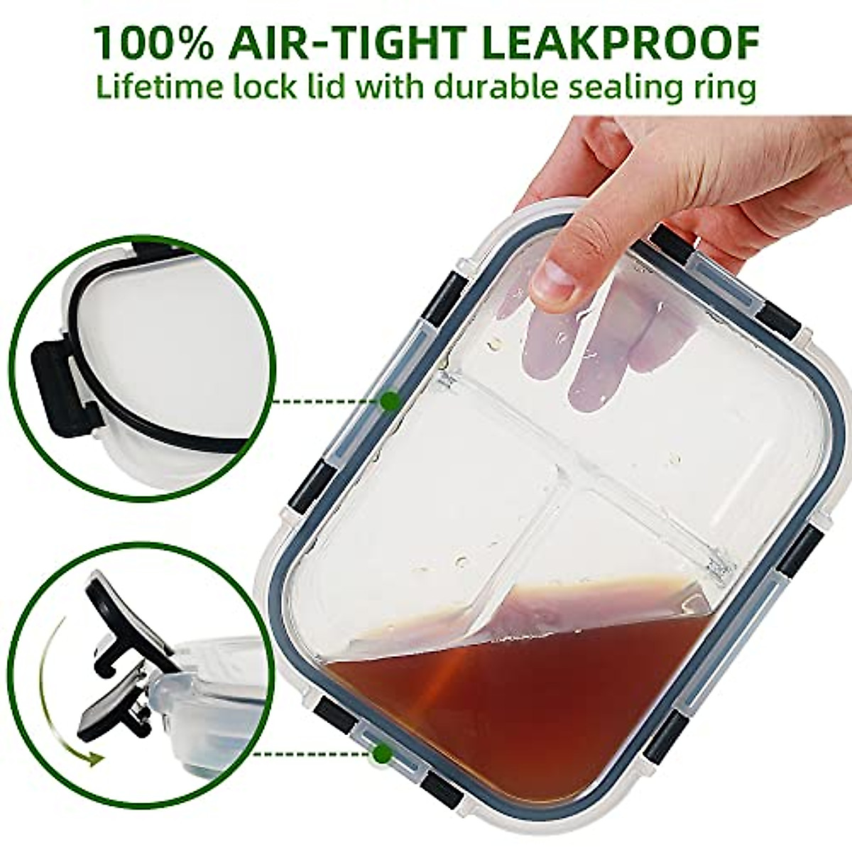 DAS TRUST 3 Pack Bento Box Glass Meal Prep Containers 3 Compartments Glass Food Storage Containers with Lids Meal Prep Bowls Lunch Box Glass Food Prep Containers Lunch Container Oven Safe