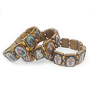 4 Pcs Wooden Rosary Jesus Bracelet Stretch Bangle, Strechable Small Panel Bracelet, with Pictures of Religious Saints Catholic Holy Gods Goddess Prayer Manifestation Bracelet