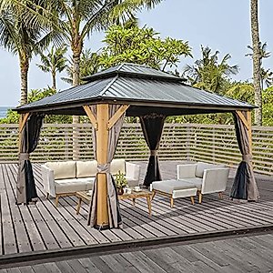 domi outdoor living 12x14 ft Wood Gazebo, Cedar Frame Hardtop Gazebo with Galvanized Steel Double Roof, Netting & Curtains, Patio Pergola Pavilion for Patio, Backyard, Deck, Lawns