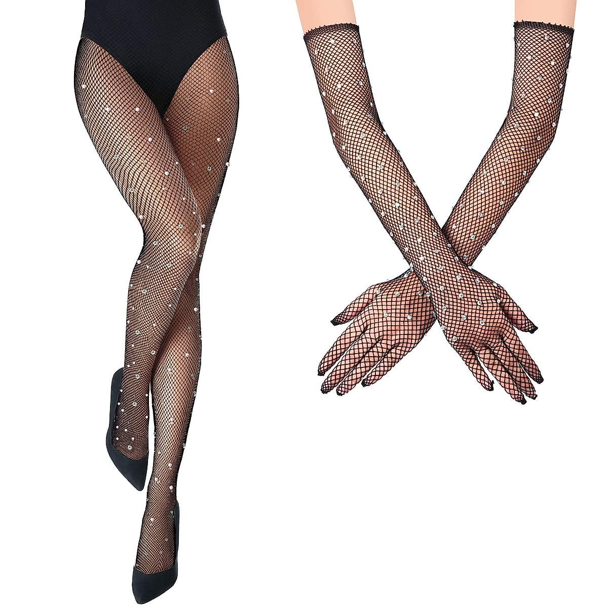 SATINIOR Rhinestone Fishnets Mesh Stockings with Glitter Gloves Black Fishnet Gloves Rhinestone Gloves for Women Girls (Cute Style)