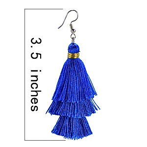 AD Beads Fashion Charm Crystal Silk Tassel 3 Layers Fan Fringe Dangle Earrings (16 Royal Blue)