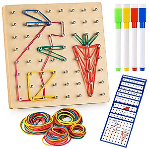 SGVV90 Wooden Geoboard,Mathematical Manipulative Material Array Block Geo Board with Pattern Cards and Rubber Bands to Create Figures and Shapes,Montessori Toy,Brain Teaser STEM Toy for Children Kids