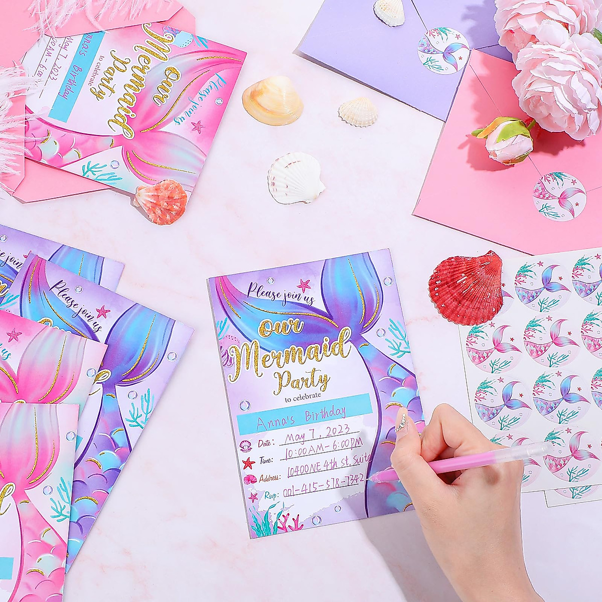 PerKoop Mermaid Themed Birthday Party Invitations - Set of 24 Cards, Envelopes and Stickers