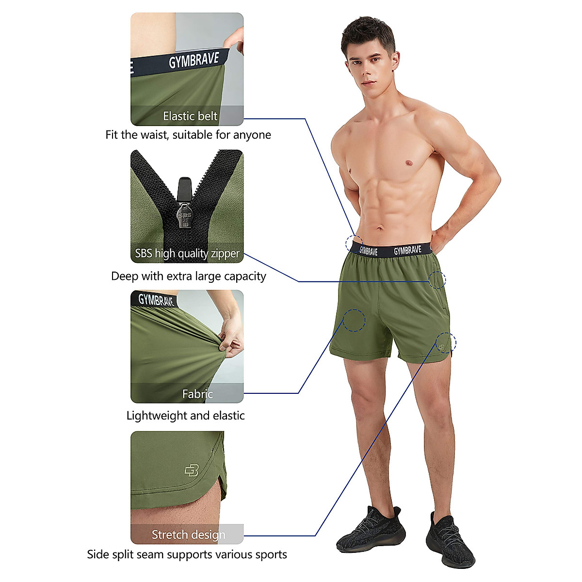 GymBrave Men's 5 Inches Athletic Running Shorts Lightweight Quick Dry Workout Training Short with Zip Pockets