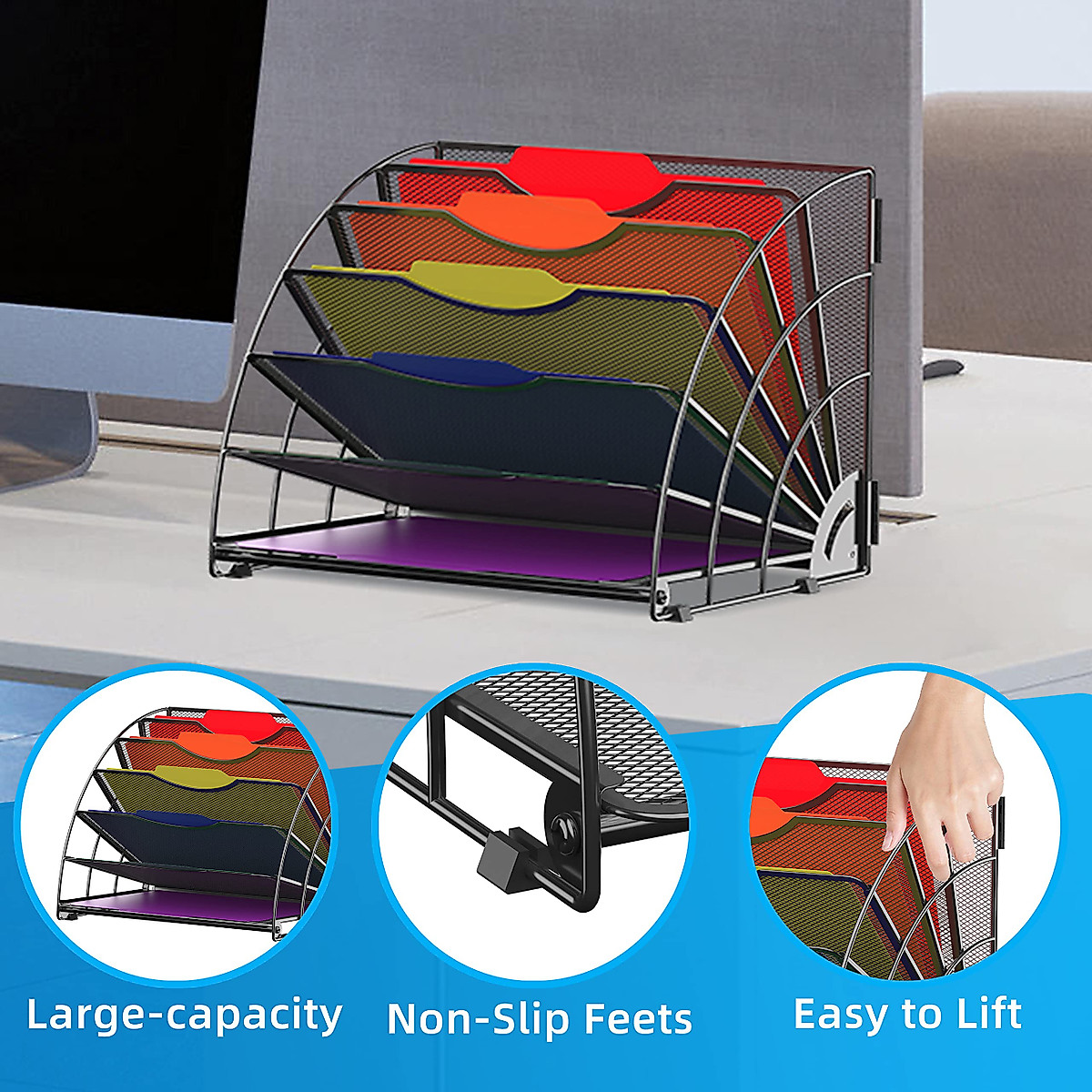 SUPEASY Fan Shaped Desk File Organizer, 6 Compartments for Filing Paper Bills, Letters, Desk Accessories for Workspace, School, Office, Waiting Room, Classroom Storage, Black