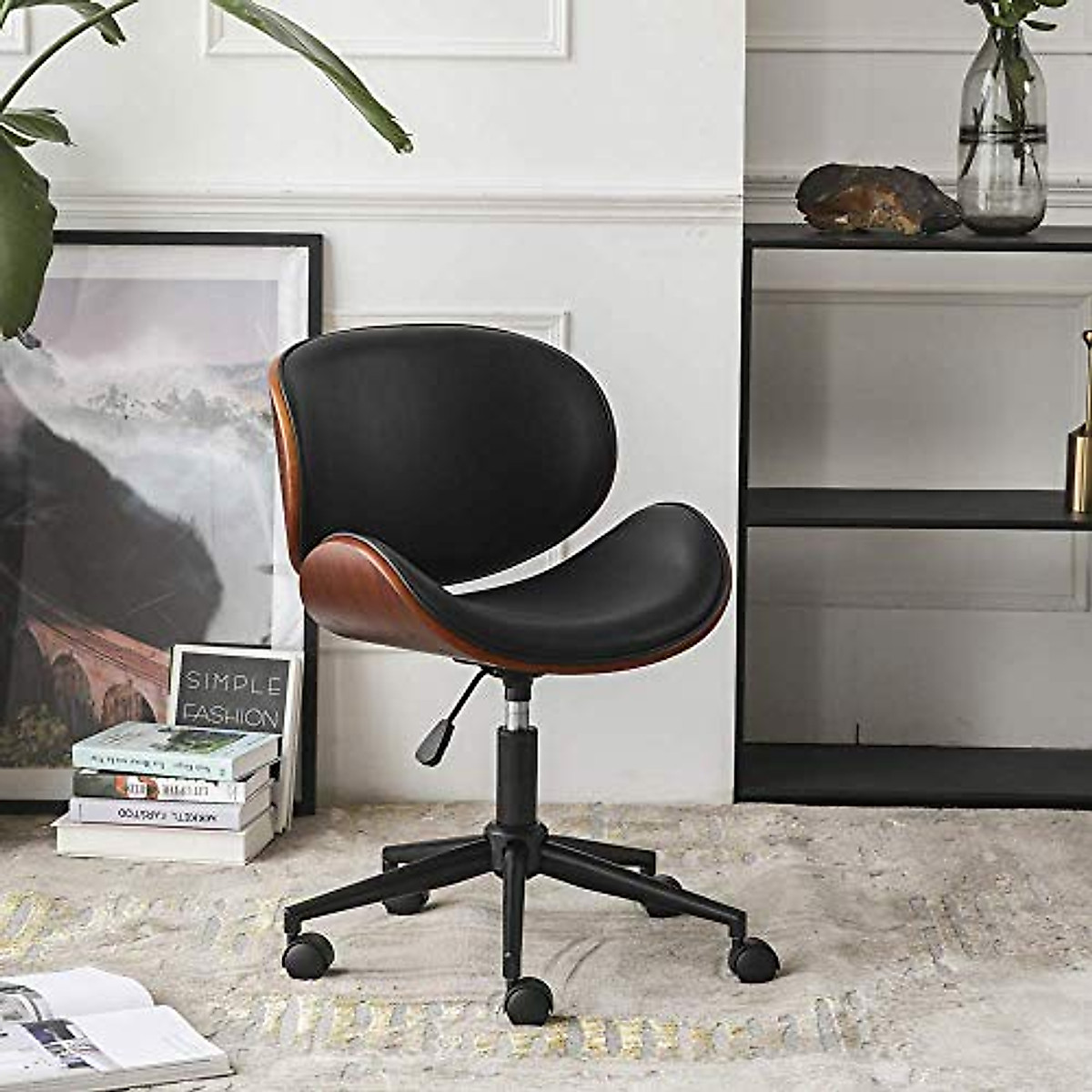 JOYBASE Home Office Desk Chair, Bentwood and Leather Swivel Chair, Adjustable Heigh, Brown