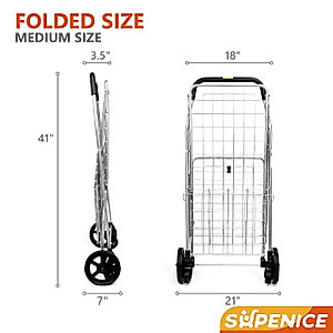 SUPENICE Grocery Utility Shopping Cart - Deluxe Folding Cart with Double Basket and 360° Rolling Swivel Wheels 66 lbs Utility Cart with Wide Cushion Handle Bar for Grocery Laundry Book Luggage Travel
