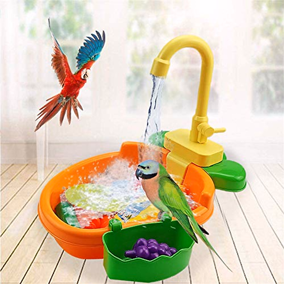 Bird Bath Tub Parrot Automatic Bathtub with Faucet Bird Shower Bathing Tub Birdbath Toy Bird Feeder Bowl Parrot Automatic Bathtub Pool for Indoor