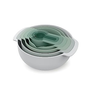 Joseph Joseph Nest 9 Plus, 9 Piece Compact Food Preparation Set with Mixing Bowls, Measuring cups, Sieve and Colander, Editions Range, Polypropylene, Stainless steel, Sage Green