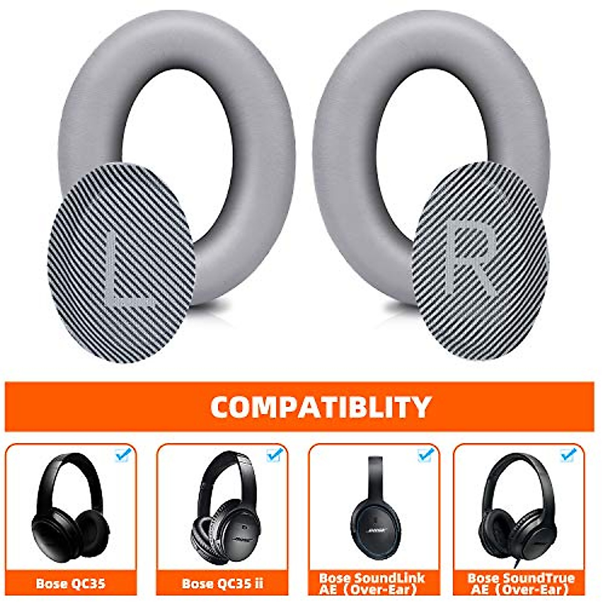 Premium Replacement Ear Pads for Bose QC35 & QC35ii Headphones Made by GEVO- Comfortable Adaptive Memory Foam and Extra Durable - Fits QuietComfort 35 & 35ii / SoundLink 1&2 AE（Over-Ear） (Silver)