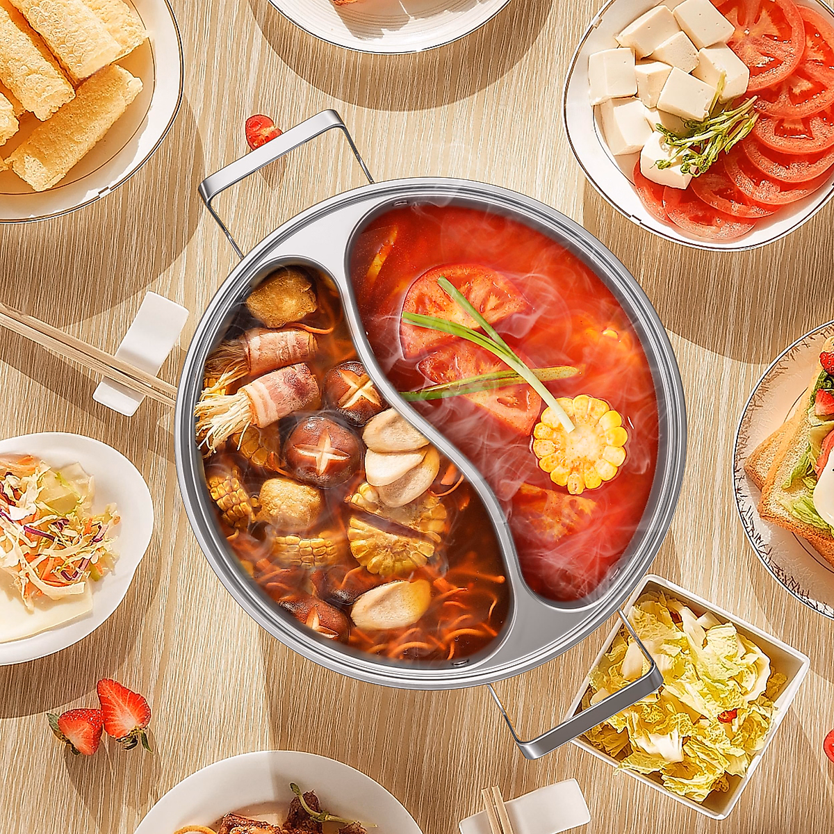 MyLifeUNIT Shabu Shabu Pot, 4.5 Qt Stainless Steel Hot Pot with Weldless Divider, 12 Inches Dual Sided Soup Cookware Pot for Induction Cooktop, Gas Stove