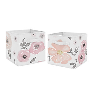 Sweet Jojo Designs Pink and Grey Watercolor Floral Foldable Fabric Storage Cube Bins Boxes Organizer Toys Kids Baby Childrens for Collection Set of 2