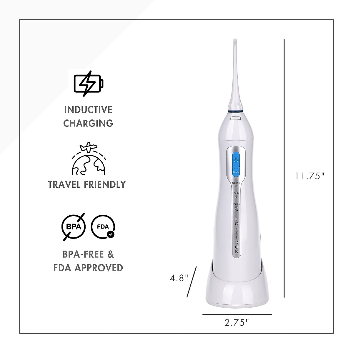 ToiletTree Products Oral Irrigator by Poseidon Portable and Cordless Water Flosser (w/Charging Cradle, White)