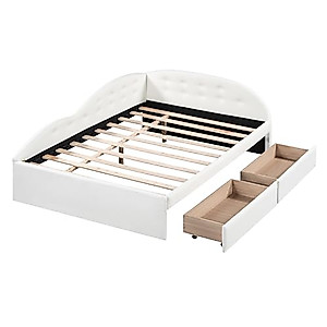 Full Size Upholstered Daybed with 2 Drawers and Cloud Shaped Guardrail, PU Upholstered Tufted Platform Bed with Wooden Slat Support for Bedroom Living Room, Easy Assembly (White + Upholstered-V23)