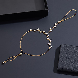 Mytys Cubic Zirconia Palm Chain Bracelet for Women Silver Color Hand Bracelet Cluster CZ with Ring Hand Harness Bangle (Leaf gold)