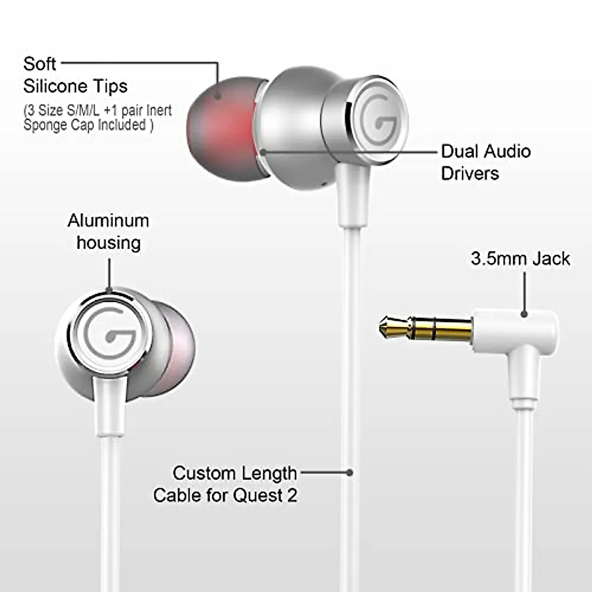 GEVO VR Gaming Earphones for Oculus Quest 2, Noise-Isolating in-Ear Silicone Caps Earbuds (Sliver)