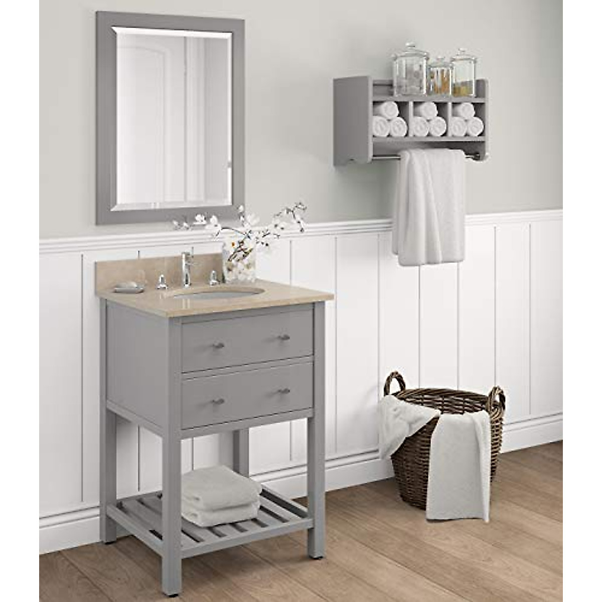 Alaterre Furniture Logan Bath Storage Shelf with Two Towel Rods, 25", Gray