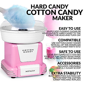 Nostalgia Cotton Candy Machine - Retro Cotton Candy Machine for Kids with 2 Reusable Cones, 1 Sugar Scoop, and 1 Extractor Head – Pink