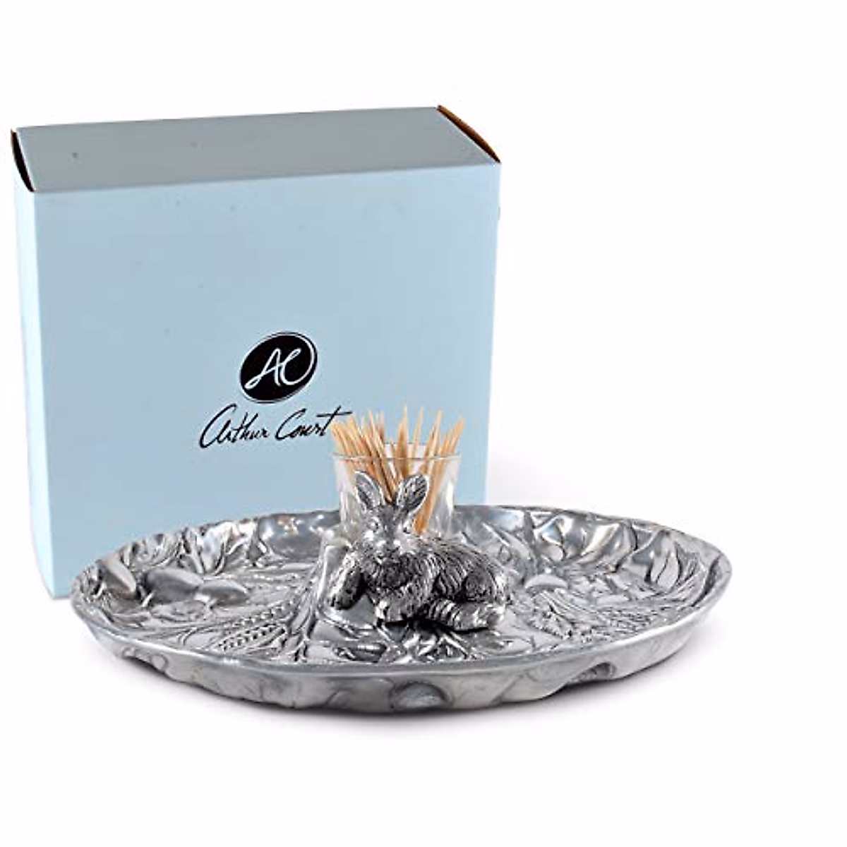 Arthur Court Aluminum Metal Rabbit Bunny Pattern Tidbit Cheese Hors d'oeuvres Tray with Glass for Toothpick - Durable Metal Silver Easter Entertaining 10.5 inch Diameter x 2.5 inch Tall