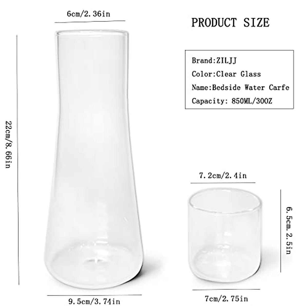 ZILJJ Clear Bedside Water Carafe Set with Tumbler Glass for Bedroom, Bedside Night Water Carafe Set with Glass, Mouthwash Decanter for Bathroom, Water Carafe with Cup for Nightstand (30 oz/850ml)