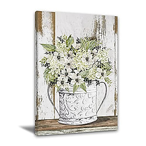 Rustic Floral Wall Art Country Bathroom Wall Decor Farmhouse Style Poster White Flower Canvas Prints Jar Flower Wall Art Home Decor for Bathroom Bedroom Living Room 16x24 Inch No Frame