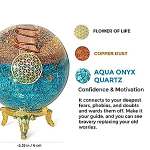 Orgonite Crystal Blue Aquamarine Crystal Ball with Stand for Positive Energy, E-emission Protection and Chakra Balancing –with Flower of Life Symbol to Promote Purpose, Serenity and Courage